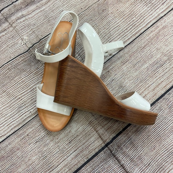 Jessica Simpson | Shoes | Jessica Simpson White Tan Wedges Buckles ...